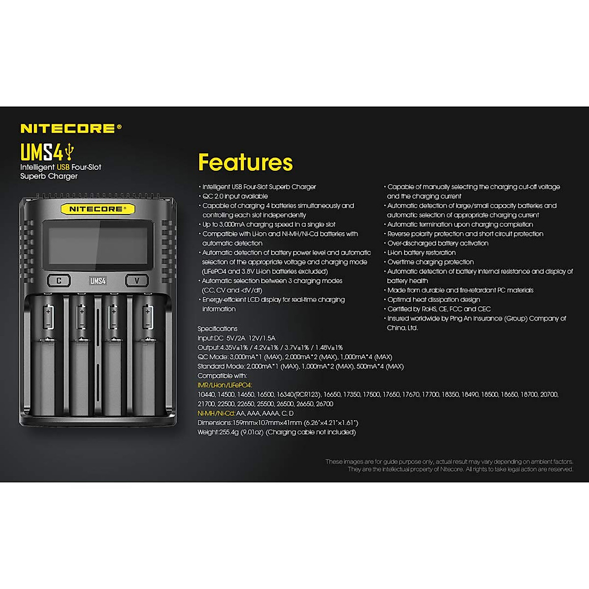 Nitecore UMS4 Intelligent USB Four Slot Quick Battery Charger for Li-Ion/Ni-MH/Ni-Cd/IMR 16340 14500 18650 21700 20700 AA AAA and More Batteries, with LumenTac Battery Organizer