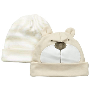 Gerber Unisex-Baby Newborn 2 Pack Novelty Caps Bear, Brown, 0-6 Months