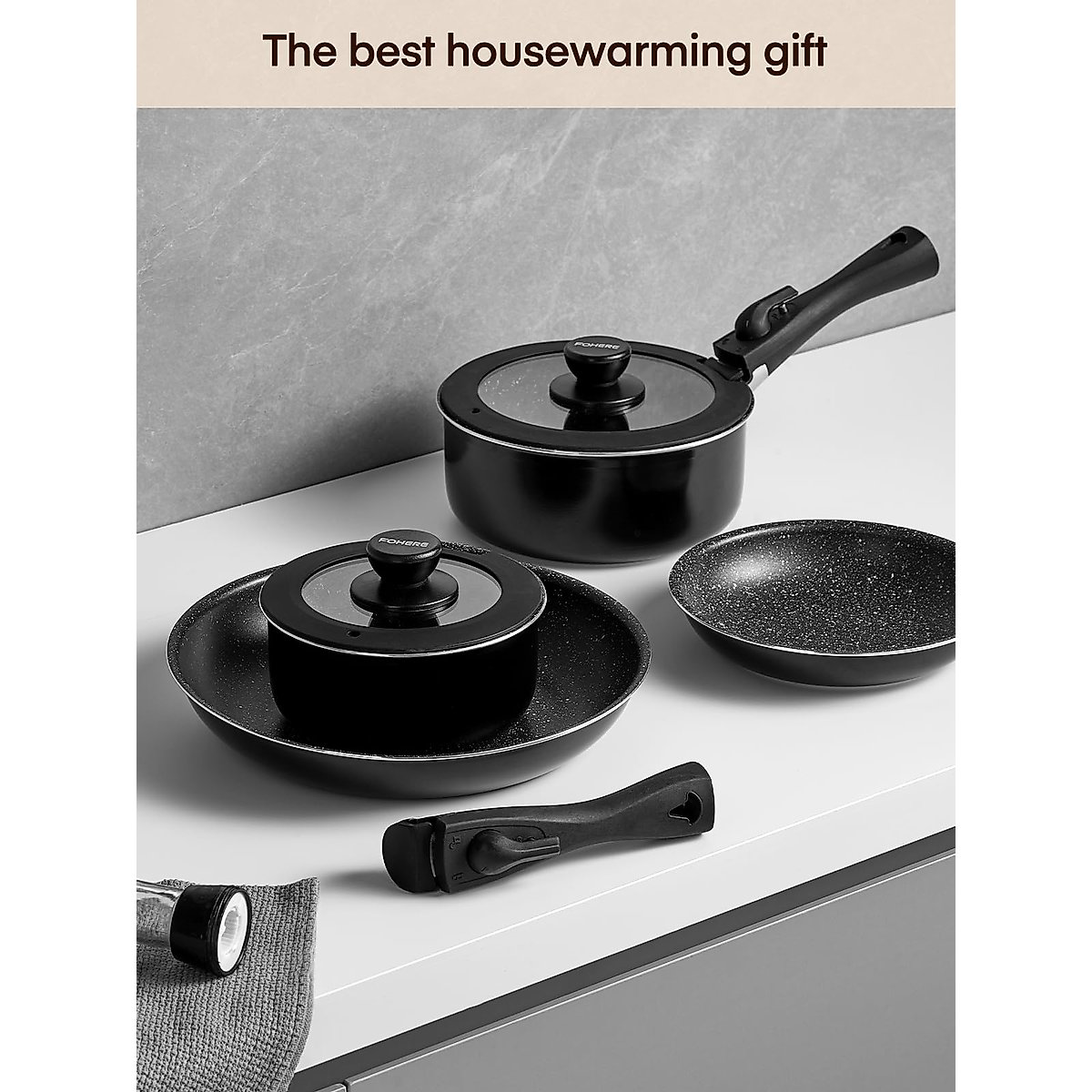 FOHERE 8pcs Pots and Pans Set with 2 Detachable Handles, Aluminum Nonstick Cookware Set, Induction Pan Set, RV Cookware Set, Oven Safe, Stackable