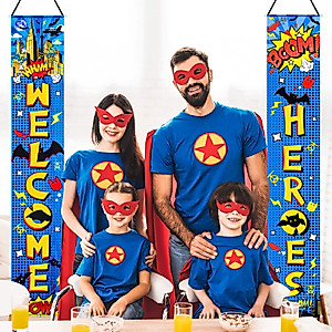 Hero Decorations Hero Backdrop Hero Porch Sign Banners Welcome Hanging Hero Decoration for Super Fun Hero Party Wall Decoration Door Action Door Sign (Blue Hero)