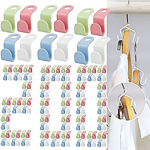 200PCS Clothes Hanger Connector Hooks, 4-Colors Hanger Extender Clips, Plastic Magic Hanger Hooks for Hangers Space Saving and Clothes Closet Organizer