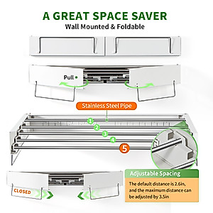 Heshecein Clothes Drying Rack for Laundry,Wall Mounted Collapsible Laundry Drying Rack,5 Stainless Steel Rods,Folding Indoor/Outdoor Drying Rack Clothing,Towel Drying Rack,White,31.5" Wide