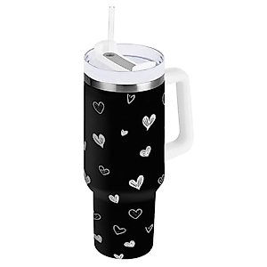 PaChyLuu 40 oz Insulated Tumbler with Handle and Straw Lid, Black White Heart Valentine's Day Leak-Proof Stainless Steel Travel Coffee Mug for Car Cup Holder