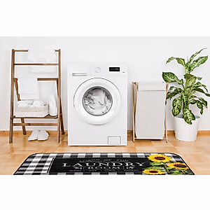 Black White Buffalo Plaid Laundry Room Rugs Sunflower Non Slip Laundry Mats Farmhouse Kitchen Floor Mat Bathroom Laundry Room Decor Accessories 39" X 20"
