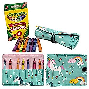 On the Go Crayons Caddy holder wrap roll up case, holds 9 to 18 Favorite Colors, perfect to keep your kids organized, inspired, & entertained -8 Crayons INCLUDED! USA Handmade (Pink Unicorn, Small)