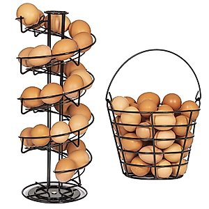 WOODLAND ACRES Rotating Spiral Egg Dispensing Rack, Egg Skelter, Countertop egg storage & display. INCLUDES Matching Egg Collecting Basket