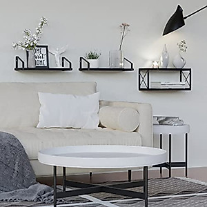 RICHER HOUSE 2-in-1 Floating Shelves Wall Mounted Set of 3, Rustic Wood Bathroom Shelves Over Toilet, Black Shelves for Wall Decor with Paper Storage for Bathroom, Bedroom, Kitchen - Black