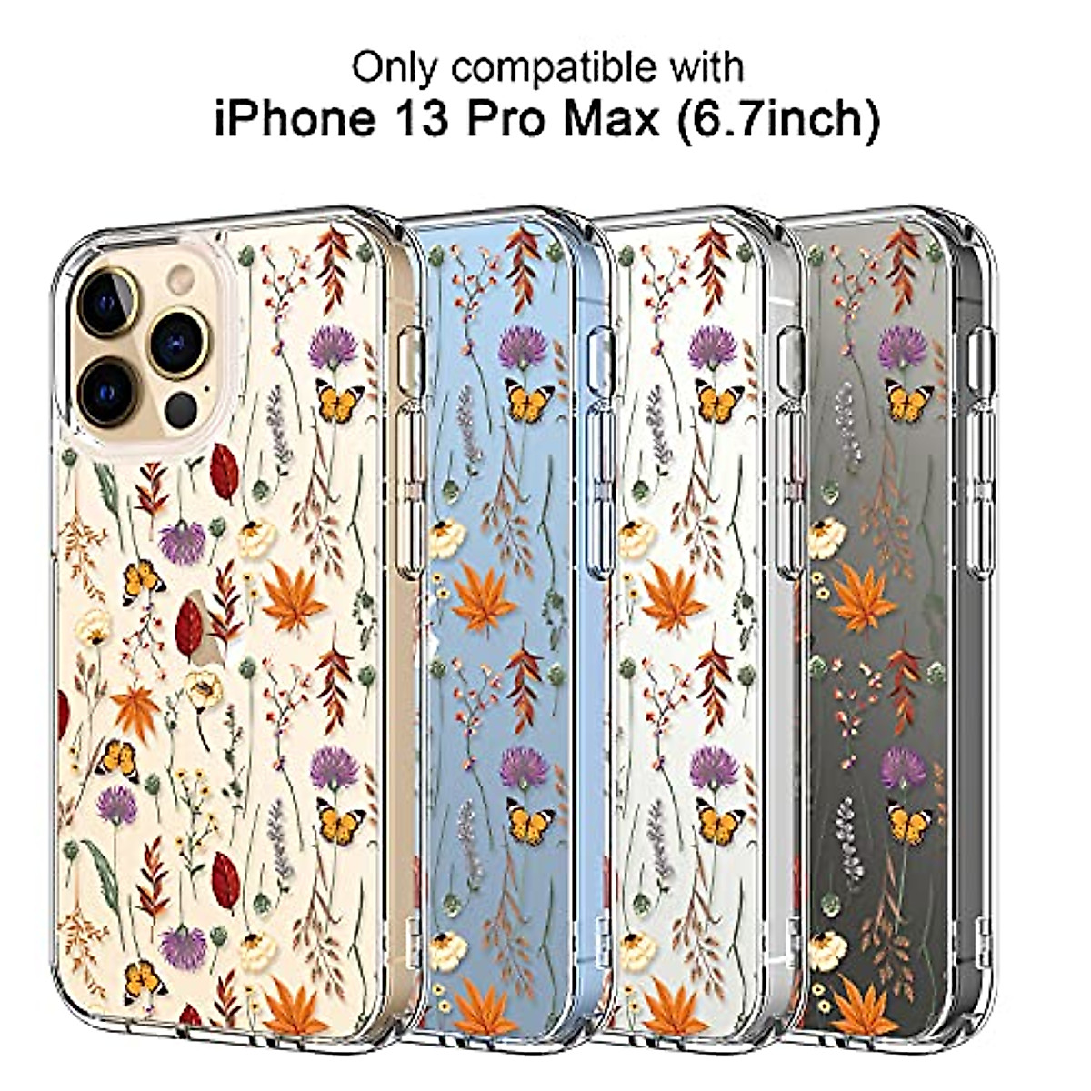 ICEDIO for iPhone 13 Pro Max Case with Screen Protector,Slim Fit Crystal Clear Cover with Fashionable Designs for Girls Women,Protective Phone Case 6.7" Orange Purple Floral