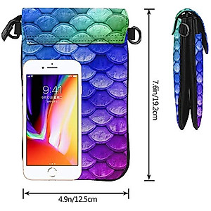 Colorful Rainbow Mermaid Scales Blue Women Soft PU Leather Cellphone Purse Wallet Handbag Small Crossbody Shoulder Bag
