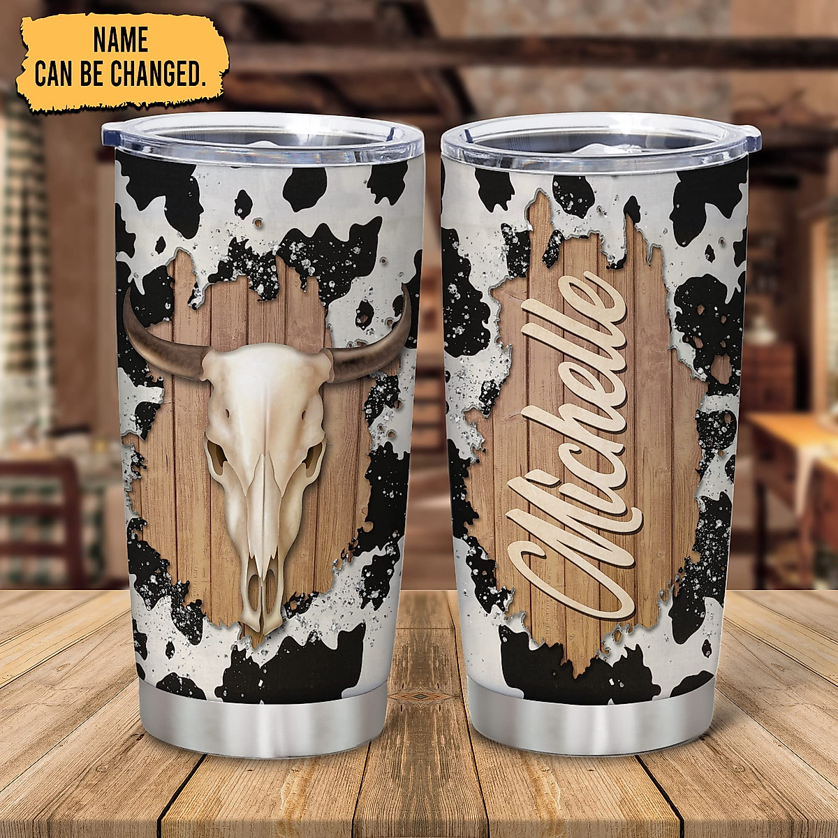 Hyturtle Personalized Cow Tumbler Cowgirl 20oz Tumbler with Lid Gift for Cow Lover Women Girl Daughter Farm Animal Lovers on Christmas Birthday - Cow Skull Custom Name 20oz Stainless Steel Tumbler