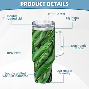 HULIBIN Banana Leaf Green Print Double Deck Stainless Steel Travel Coffee Cup With Lid 40 Oz Ice Bully Cup