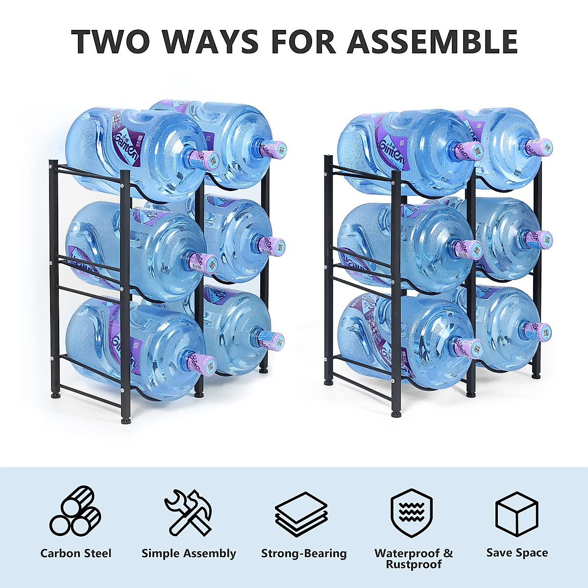 Nandae Water Cooler Jug Rack, 3-Tier Heavy Duty Water Bottle Holder Storage Rack 5 Gallon Water Jug Holder for 6 Bottle, Black