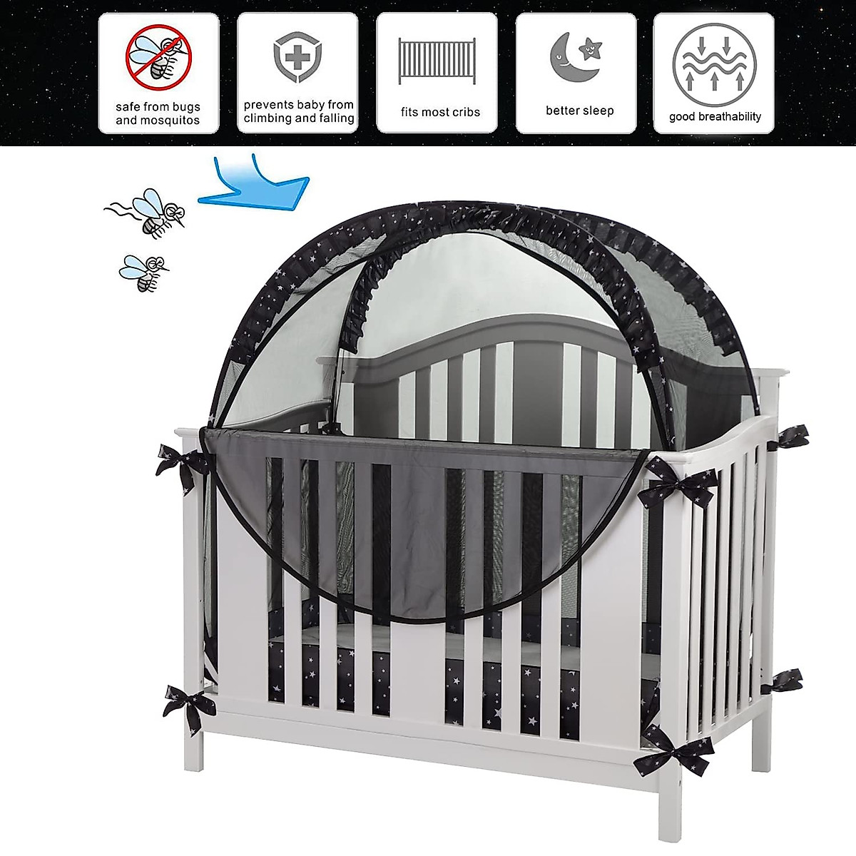 JOINSI Safety Crib Tents to Keep Toddler in, Pop Up Baby Mosquito Net Cover Bed Canopy for Infant - Black