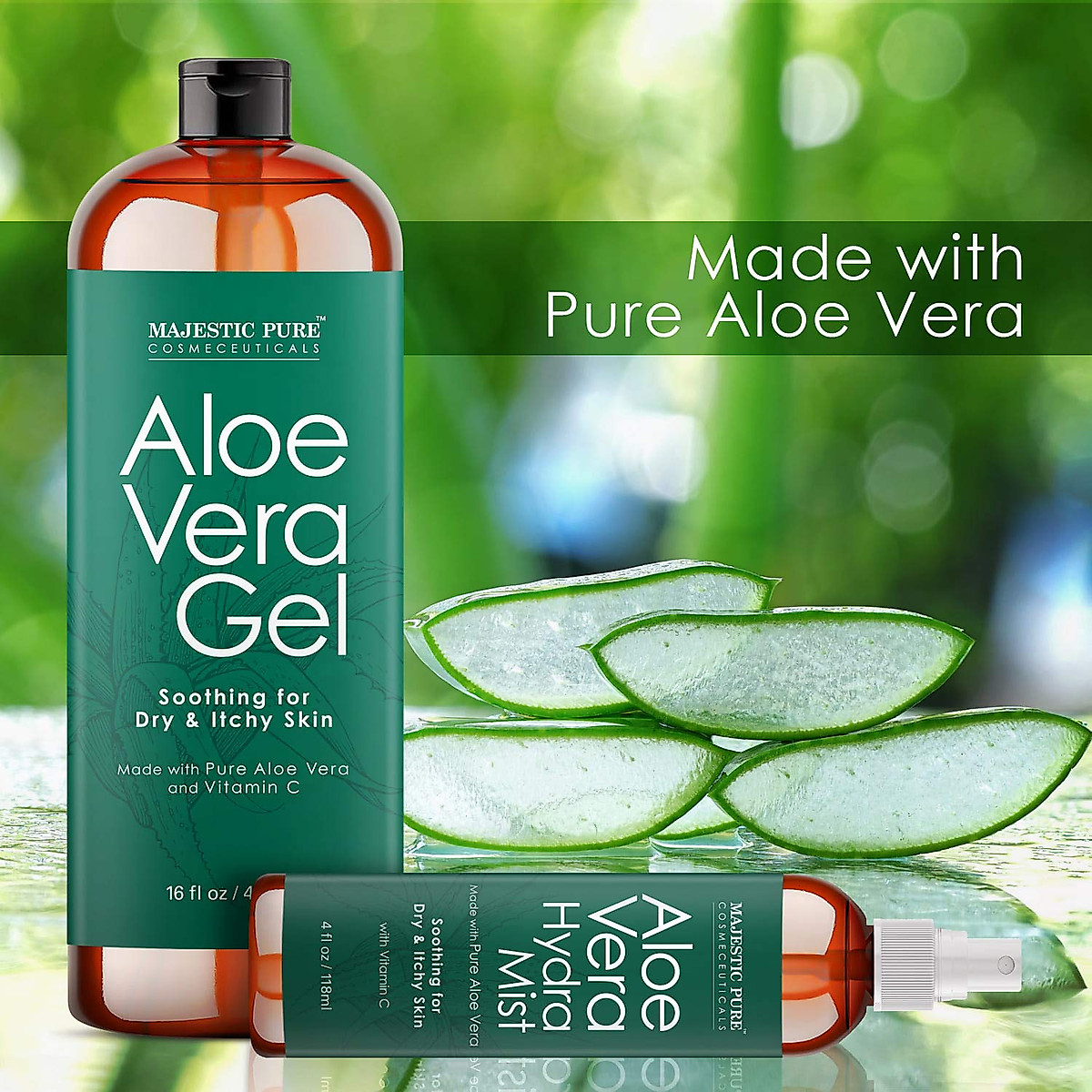 Majestic Pure Aloe Vera Gel and Mist Super Combo - 16 oz Gel and 4 oz Hydra Spray - 100 Percent Pure and Natural Cold Pressed Aloe Vera for Hair Growth, Face, Body and Skin