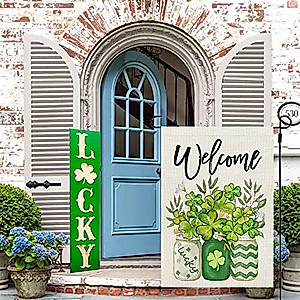 CROWNED BEAUTY St Patricks Day Garden Flag 12x18 Inch Double Sided for Outside Small Burlap Green Shamrocks Clovers Lucky Welcome Yard Holiday Flag CF725-12