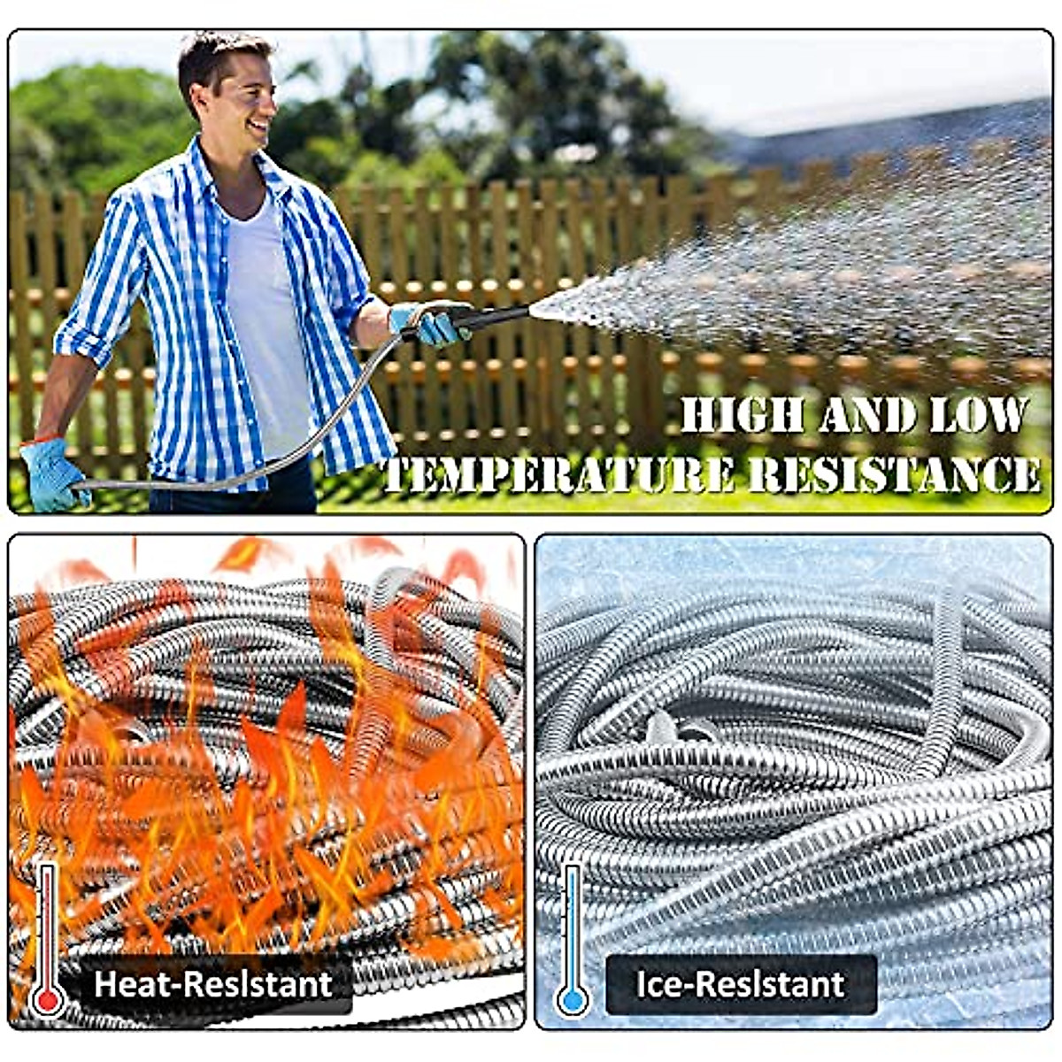 100ft Garden Hose Made by Metal with Super Tough and Soft Water Hose, Household Stainless Steel Hose, Durable Metal Hose with Adjustable Nozzle, No Kinks and Tangles, Easy to Store with Storage Strap