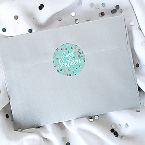 Blue Sweet 16 Birthday Stickers - Sixteen Happy 16th Party Round Labels - 40 Count