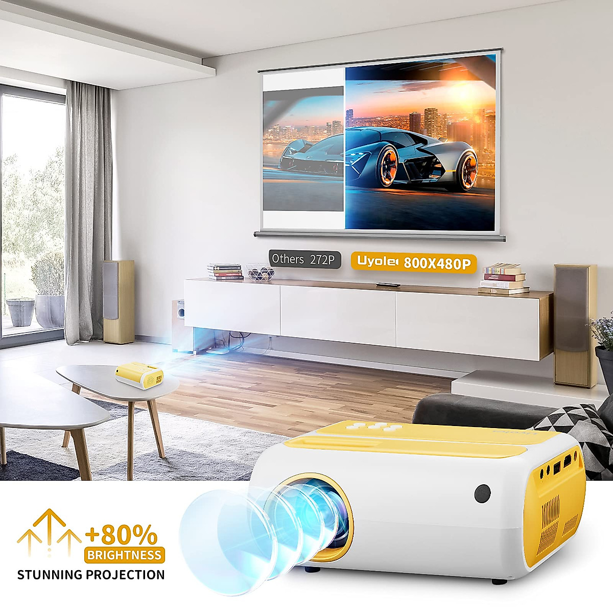 Mini Projector, Uyole Portable Movie Projector for Cartoon, Kids Gift, Small Pico Projector, Outdoor Movie Projector Compatible with iPhone,TV Stick, HDMI, AV, USB, Laptops for Home Theater Movie