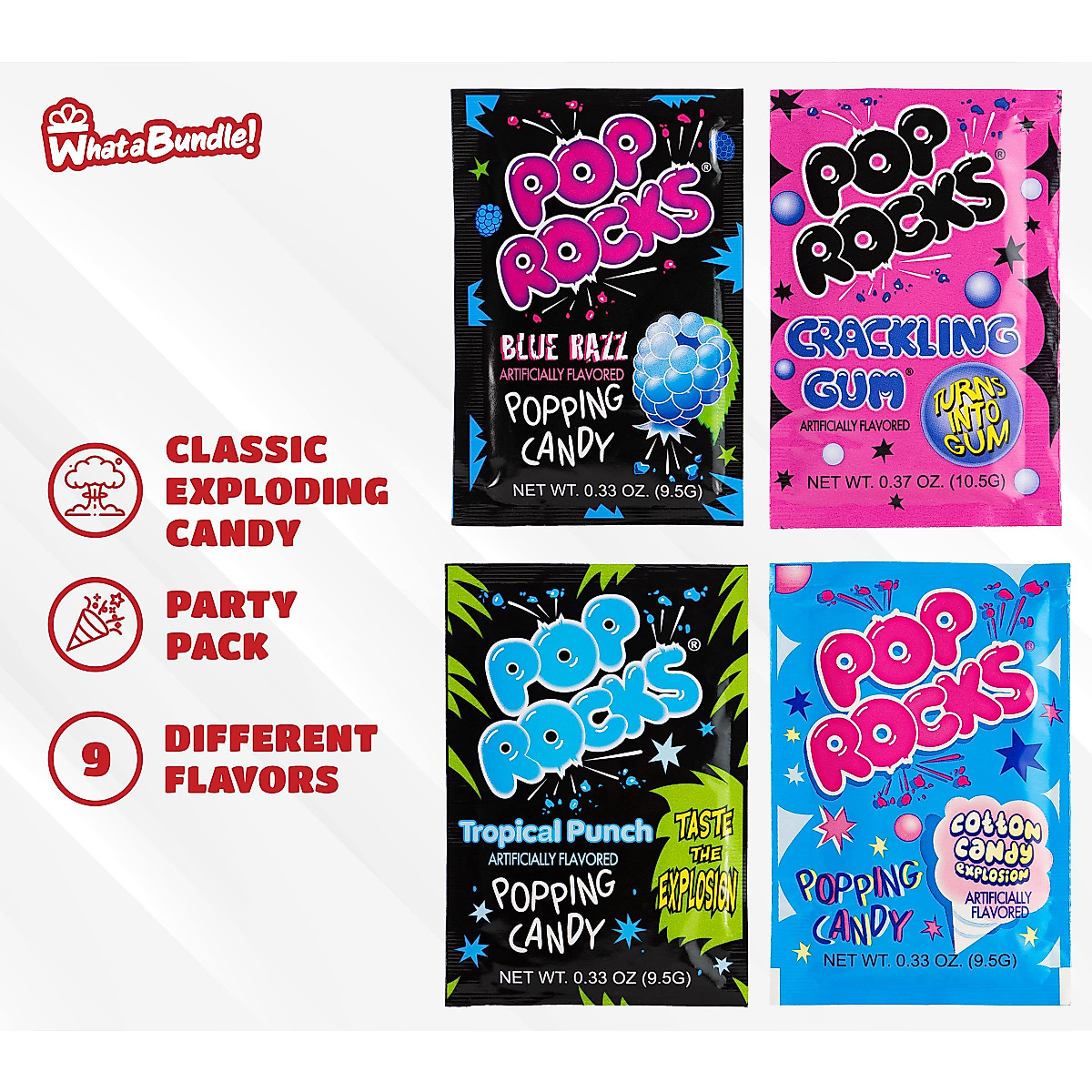 Pop Rocks Candy Variety Pack (9 Pack - 1 of All 9 Flavors) - Nostalgic 90s Old School Popping Candy for Parties - Bundle with WhataBundle! Pocket Bag