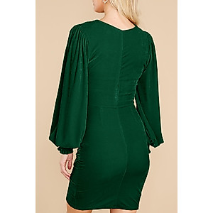 MITILLY Women's Elegant Velvet Long Sleeve Bodycon Dress Wrap Ruched Wedding Guest Formal Cocktail Mini Dress Medium Dark Green