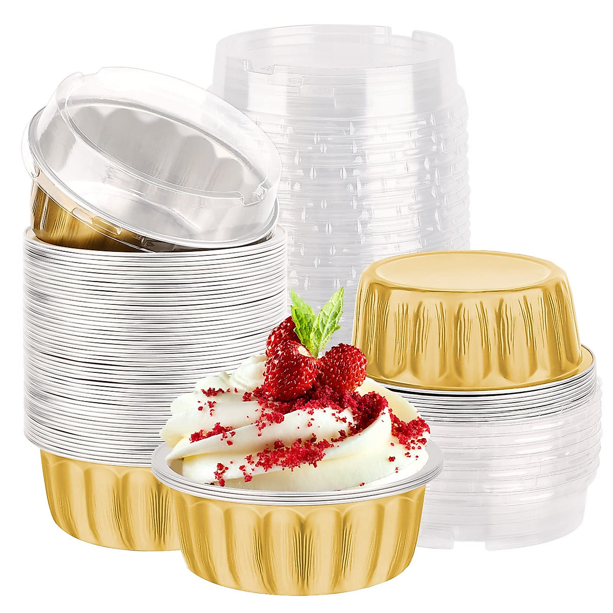 EUSOAR Aluminum Foil Cupcake Baking Cups, Gold 50 Pack 8oz Disposable Aluminium Creme Brulee Ramekins Cupcake Liners, Foil Desert Cake Pans Flan Molds Tin Foil Cups Containers with Lids for Baking