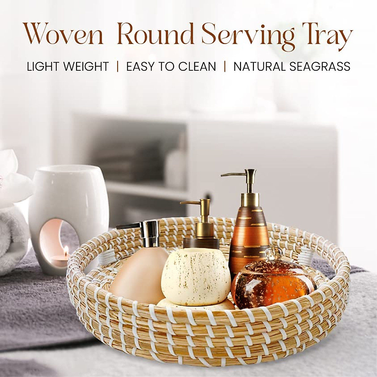 Flower Rattan Tray , Round Wicker Woven Basket Serving Trays Decorative (11in), Natural & White