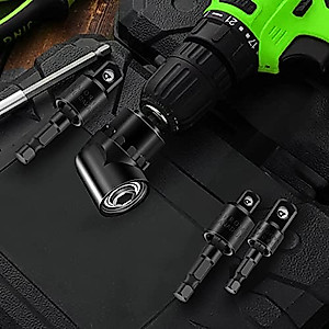 4-Piece Power Drill Sockets Adapter Sets,360°Rotatable 1/4" 3/8" 1/2" Impact Grade Driver Sockets Adapter Extension Set Drill Bit+105 Degree Right Angle Screwdriver set Drill Hex Bit Socket Adapter