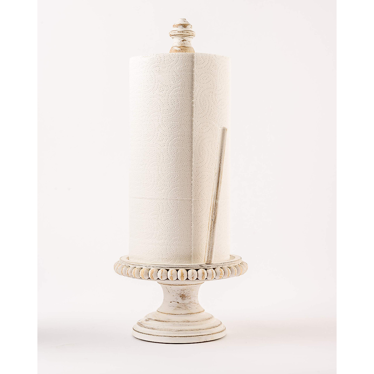 Mud Pie Beaded Wood Pedestal Bowl, White, 6" x 14" dia & 47100002 Farmhouse Washed Beaded Wood Pedestal Paper Towel Holder, 16" x 6" Dia, White, Grey