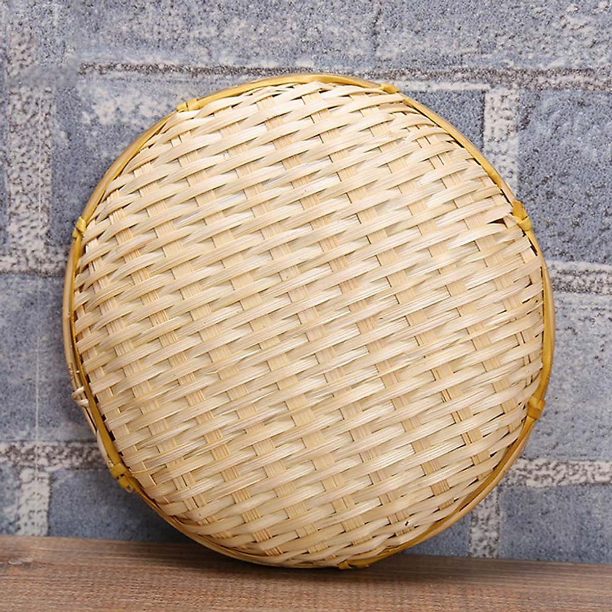 Hemoton Bamboo Woven Round Basket Tray Rustic Wood Decorative Serving Tray for Breakfast Drinks Snack Coffee Table Wall Hanging Home Decoration 18cm