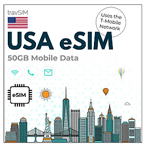 travSIM e SIM Card USA | T-Mobile Network | 50GB Mobile Data at 4G/5G speeds | eSIM USA has Unlimited National Calls & Texts | eSIM Prepaid USA 7 Days