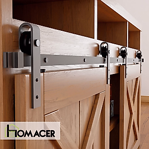 Homacer Mini Black Rustic Non-Bypass Sliding Barn Door Hardware Kit, for Two/Double Doors, 120-inch Long Flat Track, Classic Design Roller, Cabinet TV Stand Console Use…