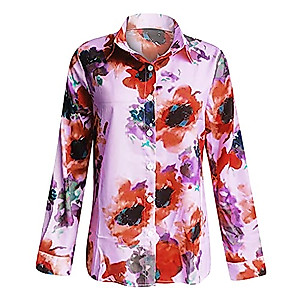 lcziwo Button Down Floral Printed Shirts for Women Casual Turn -Down Collar Blouse Shirt Long Sleeve V Neck Top Purple