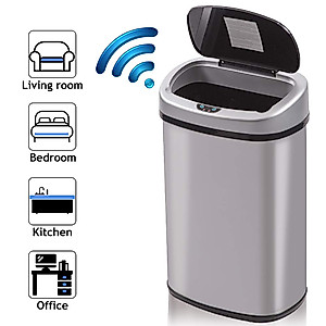 Dkelincs 13 Gallon Kitchen Trash Can Garbage Can with Lid Automatic Touch Free Stainless Steel Trash Can for Home Office Living Room Bedroom, 50 Liter (SS)