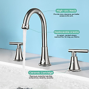 Bathroom Sink Faucet, Faucet for Bathroom Sink, Widespread 3 Hole Stainless Steel Lead-Free, 2 Handle 360° Swivel Spout Faucet with Pop-up Drain & Supply Hoses for Bathroom Vanity Lavatory