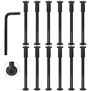 Rustark 12 Set M6x75mm Black Hex Drive Socket Cap Bolts Kit Carbon Steel Allen Head Countersunk Furniture Crib Bolts Nuts with Free Hex Key for Chairs Bed Cribs Furniture