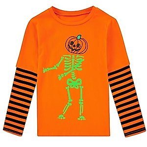Unisex Kids Little Boys Halloween Pumpkin Shirt Glow in The Dark Skeleton Outfit Girls Stripe Long Sleeve Tee Size 8 9