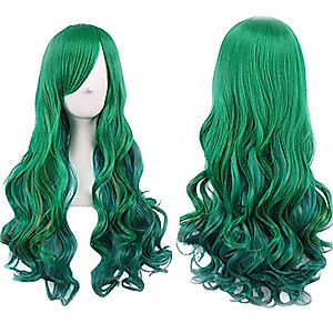 Bopocoko Green Wig Long Green Wigs for Women St Patricks Day Green Wig with Bangs Curly Wavy Soft Synthetic Green Wig BU036D