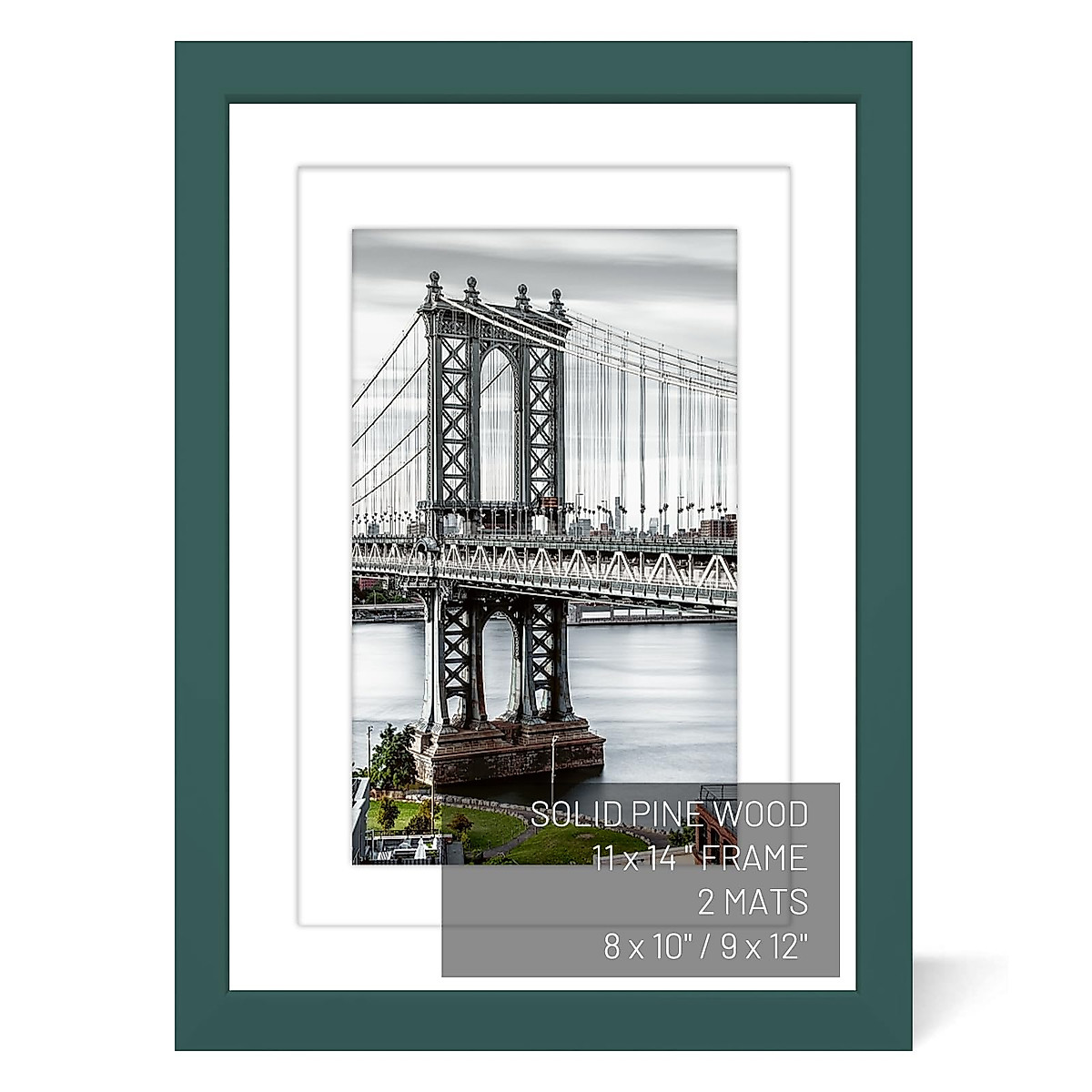 UHFWIFR 11x14 Picture Frames Solid Wood Display Pictures 9x12 or 8x10 with Mat or 11x14 Frame without Mat Poster Photo Frame Art with 2 Mats for Wall Mounting or Table Top(Dark Green)
