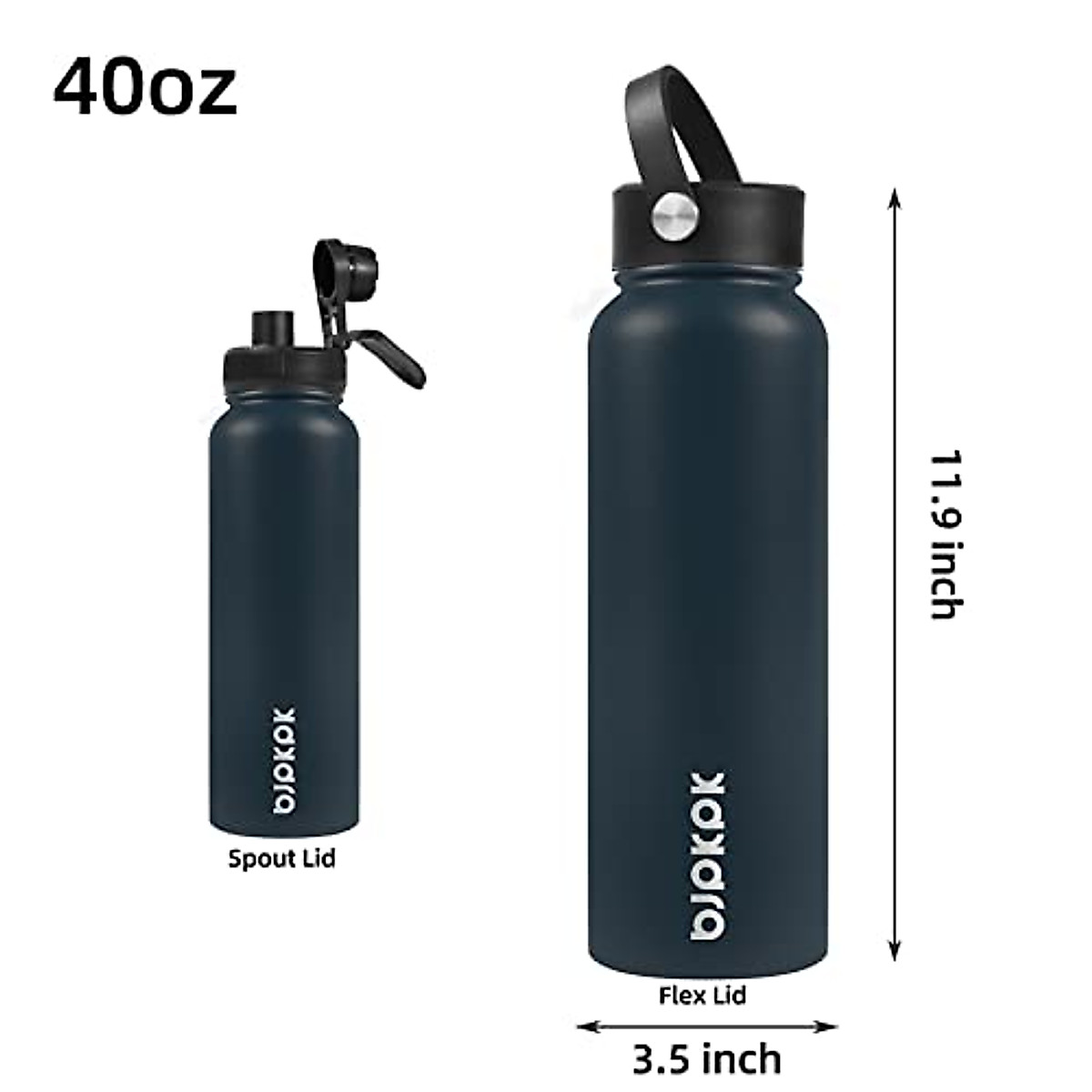 BJPKPK Insulated Water Bottles with Straw Lid, 40oz Stainless Steel Water Bottles with 3 Lids, Large Metal Water Bottle, BPA Free Leakproof Thermos Water Bottle for School, Sports & Gym- Navy Blue