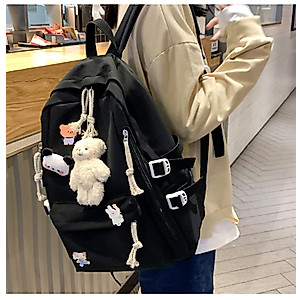 Timtram Kawaii School Backpack, Cute Aesthetic for Teen Girl Boy Aesthetic, Bag Laptop College Free Plush Pendant & Pins (Black)