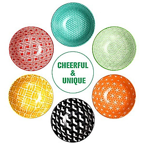 E-Gtong Ceramic Cereal Bowl 24 OZ, Porcelain Bowls Set of 6,Assorted Colorful Ceramic Bowl for Soup, Pasta, Salad and Rice, Microwave & Dishwasher Safe