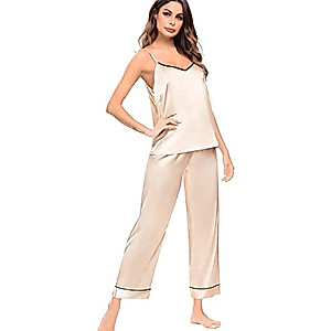 SWOMOG Womens Silk Satin Pajamas Set Two-Piece Pj Sets Cami Top and Capris Pants Sleepwear