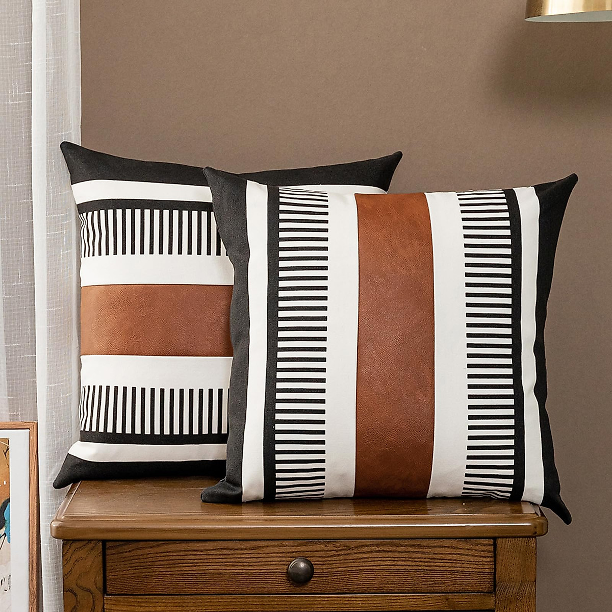 Vfuty Set of 2 Striped Boho Throw Pillow Covers 16x16 inch, Modern Leather Pillow Cover for Couch Sofa Bed, Farmhouse Decor Patchwork Accent Pillowcase, Black