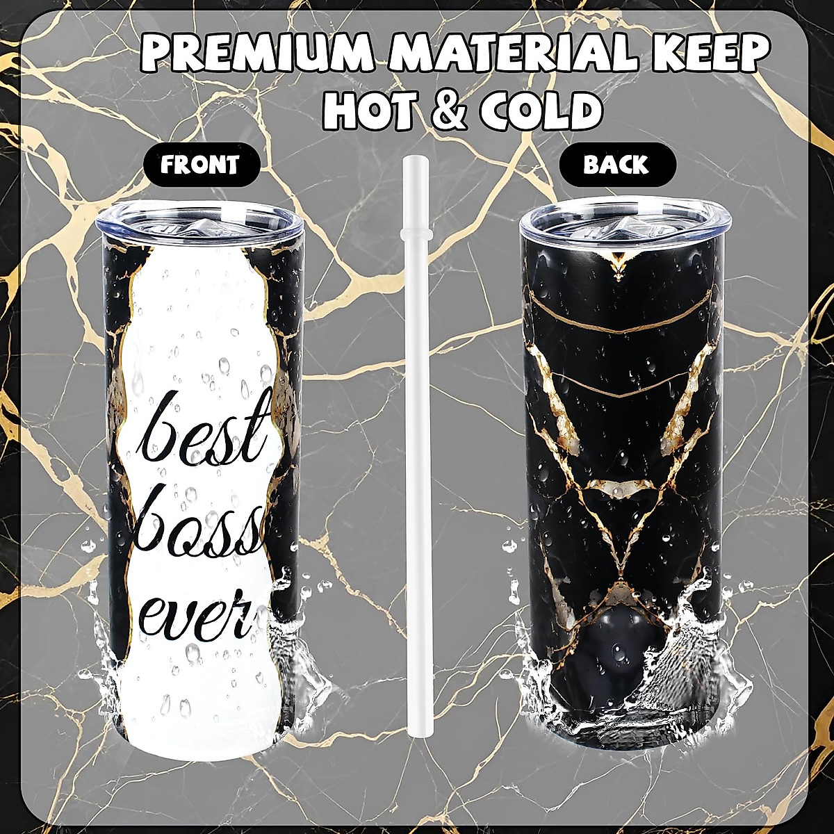 4 PCS Best Boss Lady Gifts Thank You Gifts for Women Includes 20 Oz Black Marble Tumbler Cotton Socks A6 Notepad with Ballpoints, Appreciation Day Boss Day Office Leader Christmas Gift