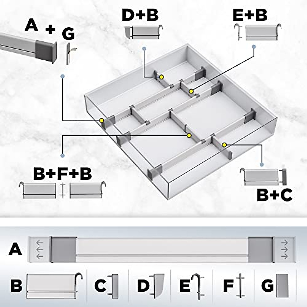 Practical Comfort Drawer Dividers, 18 pcs adjustable drawer dividers set, Made from high strength aluminum, 6 Main expandable drawer divider expand From 19.7" to 22" + 12 Sliding Separators 3.8"
