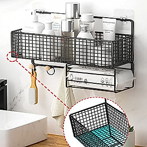 Shower Caddy Shelf with Hooks and Paper Rack Punch-free Bathroom Storage Rack Organizer No Drilling Wall Mounted Stainless Steel Shower Basket Storage Shelf (Golden)