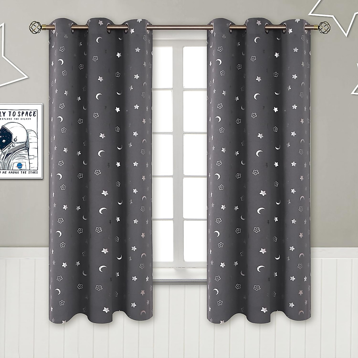 BGment Kids Curtains for Nursery, Star and Moon Blackout Curtains for Boys Girls Bedroom 63 Inch Length, Room Darkening Thermal Insulated Grommet Curtains for Baby, Dark Grey, 2 Panels of 42 x 63 Inch