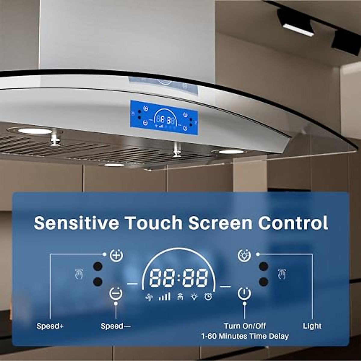 FIREGAS Island Range Hood 30 inch 700 CFM with Chimney, Ceiling Mount Kitchen Vent Hood with Tempered Glass, 4 LED Lights, Permanent Filters, Premium Touch Control Panel, Includes Charcoal Filter