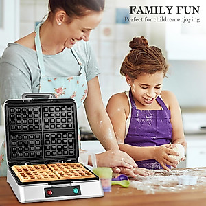 Waffle Maker, Roter Mond Belgian Waffle Maker, 4 Slice Square Stainless Steel Waffle Maker, Non-Stick Surface for Easy Cleaning for Family Use Breakfast, Save Space for Storage,1300W, Silver