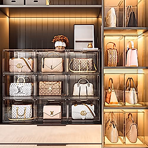 Clear Handbag Storage Organizer for Closet, 3 Packs Acrylic Display Case for Purse/Handbag, Plastic Storage Containers with Magnetic Door, Acrylic Box Organizers for Collectibles, Toys, Figures